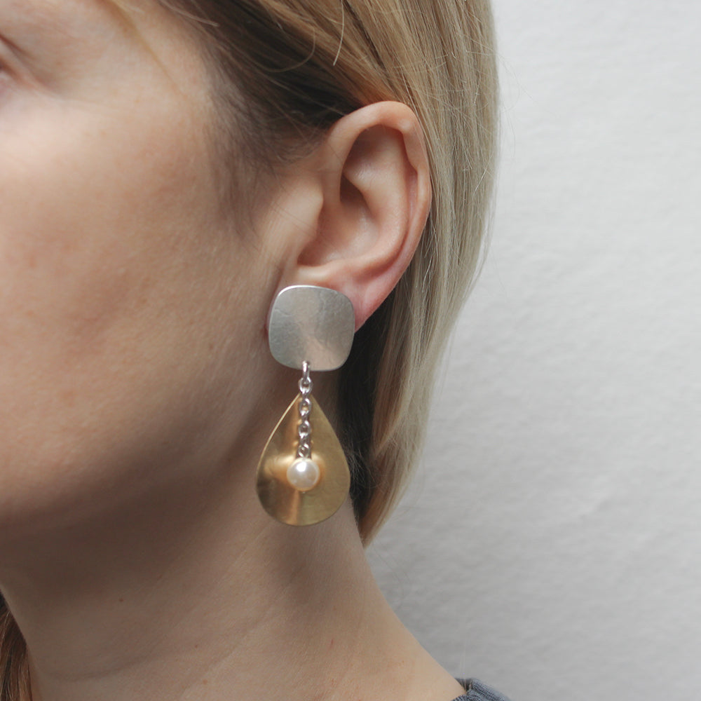 Square with Large Teardrop and Hanging Pearl Post or Clip Earring ...