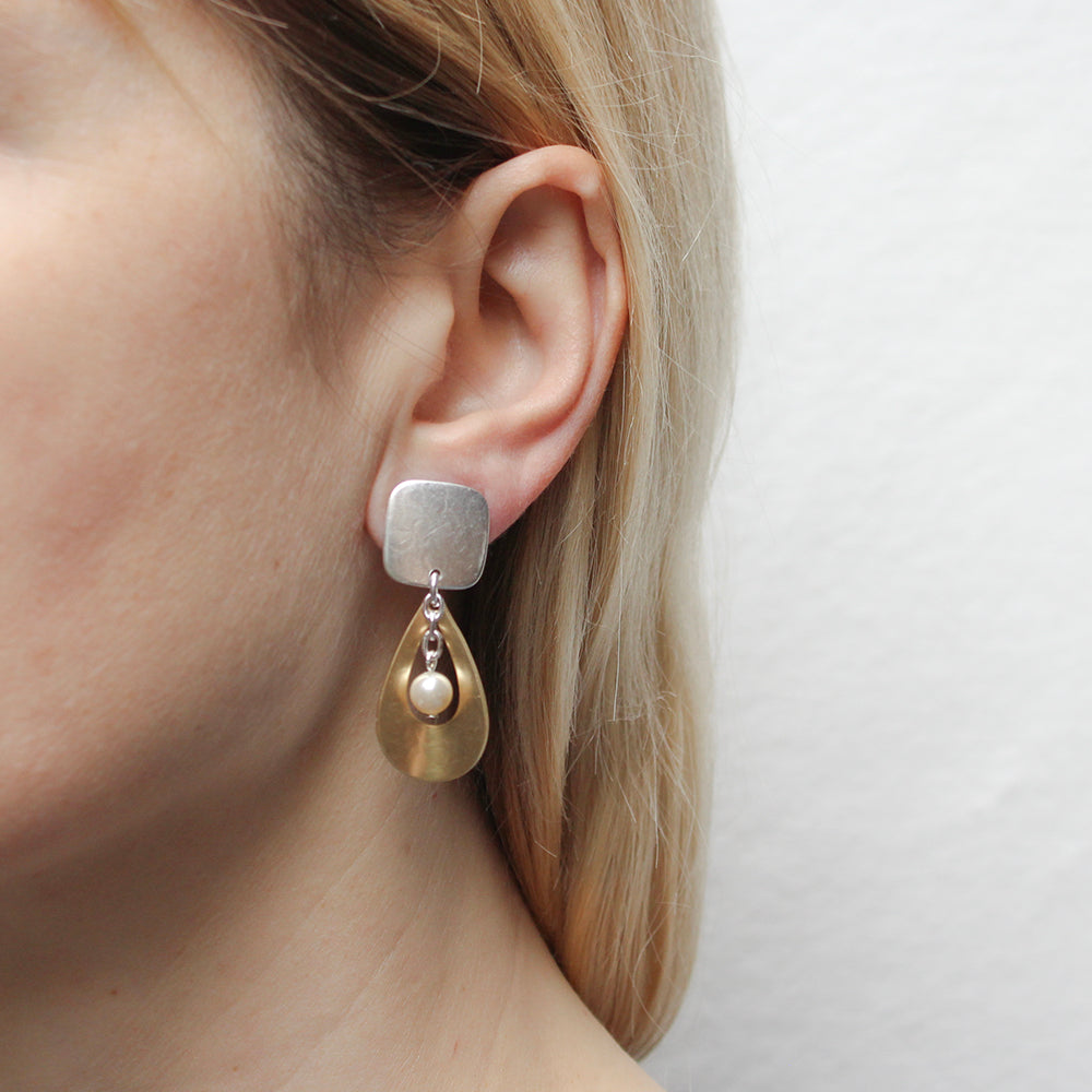 Square with Medium Teardrop and Hanging Pearl Post or Clip Earring ...