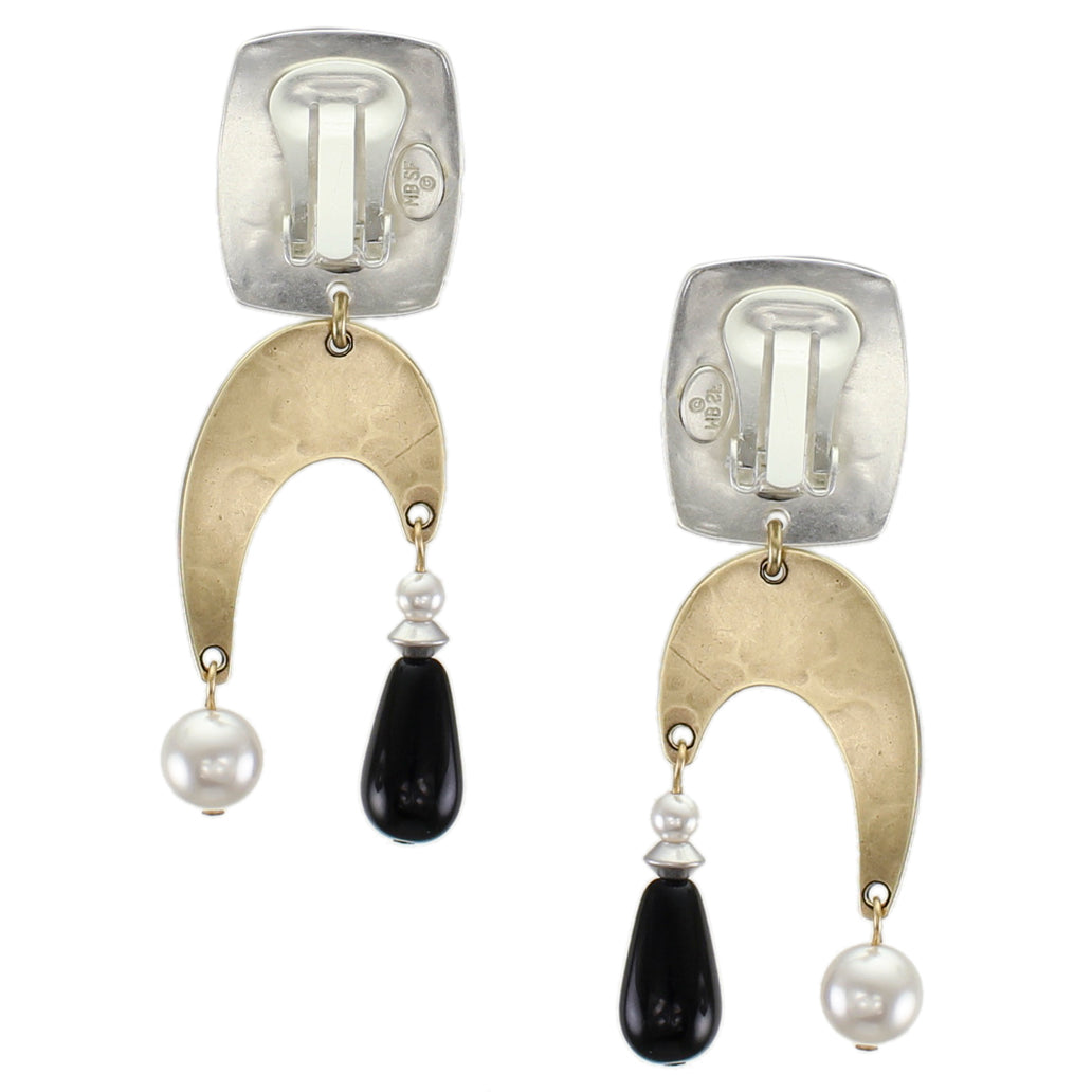 Rounded Rectangle and Arch with White Pearls and Black Bead Post or Cl ...